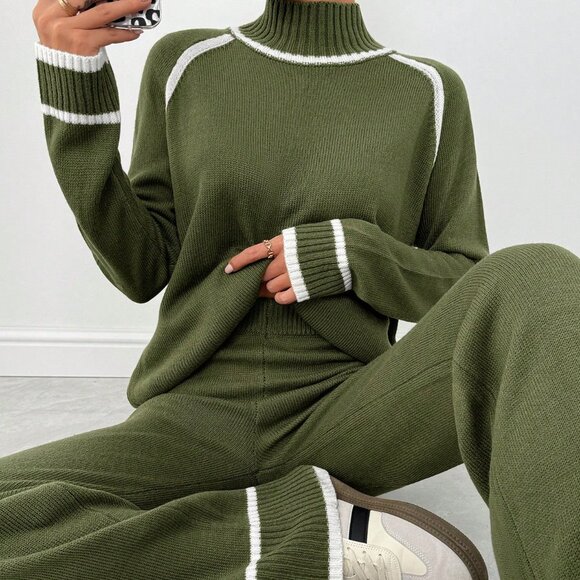 Sweaters | Army Green Casual Womens Raglan And Striped Trim Sweater ...